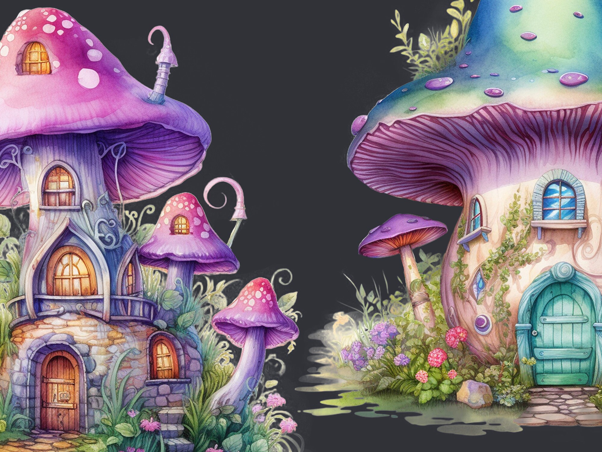 Toadstool Fairy Houses Watercolor Clipart PNG Bundle. Mushroom House ...