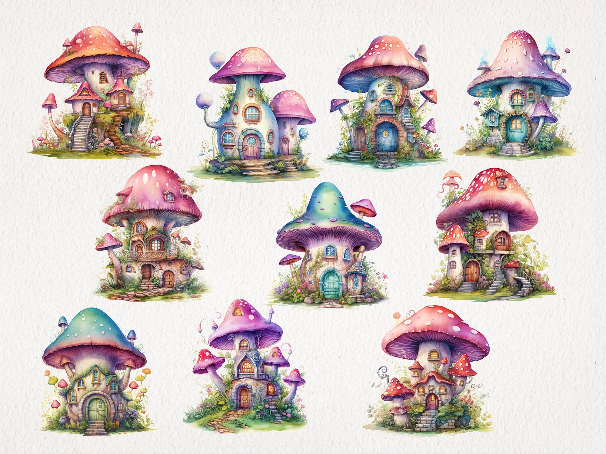 Toadstool Fairy Houses Watercolor Clipart PNG Bundle. Mushroom House ...