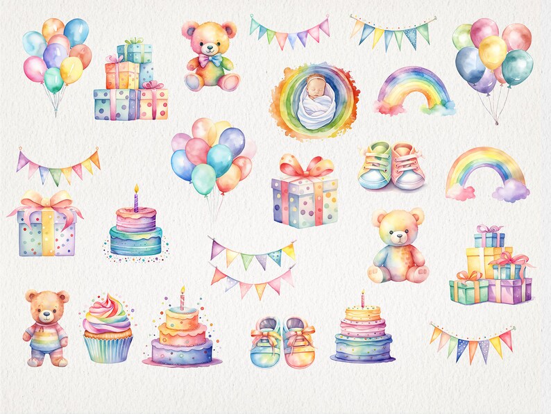 Rainbow Newborn Birthday Watercolor Clipart PNG Bundle. Children ...