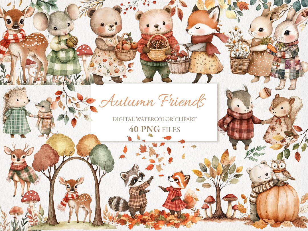 Autumn Friends Woodland Animals Nursery Watercolor Clipart Bundle. AI ...