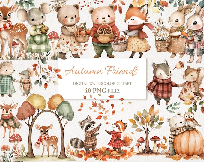 Autumn Friends Woodland Animals Nursery Watercolor Clipart Bundle. AI ...