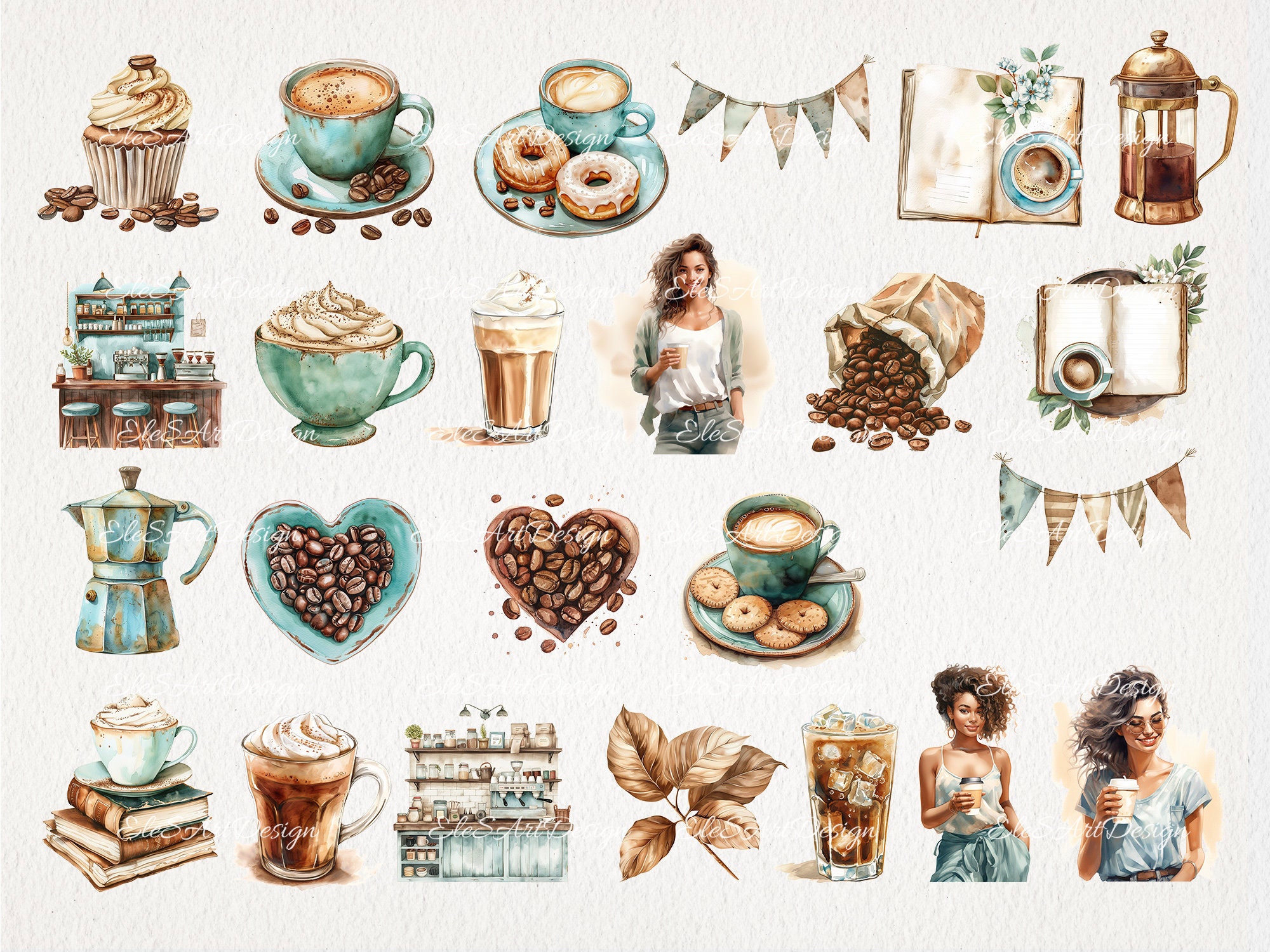 Coffee Lover Watercolor Clipart PNG Bundle. Rustic Vintage. AI ...