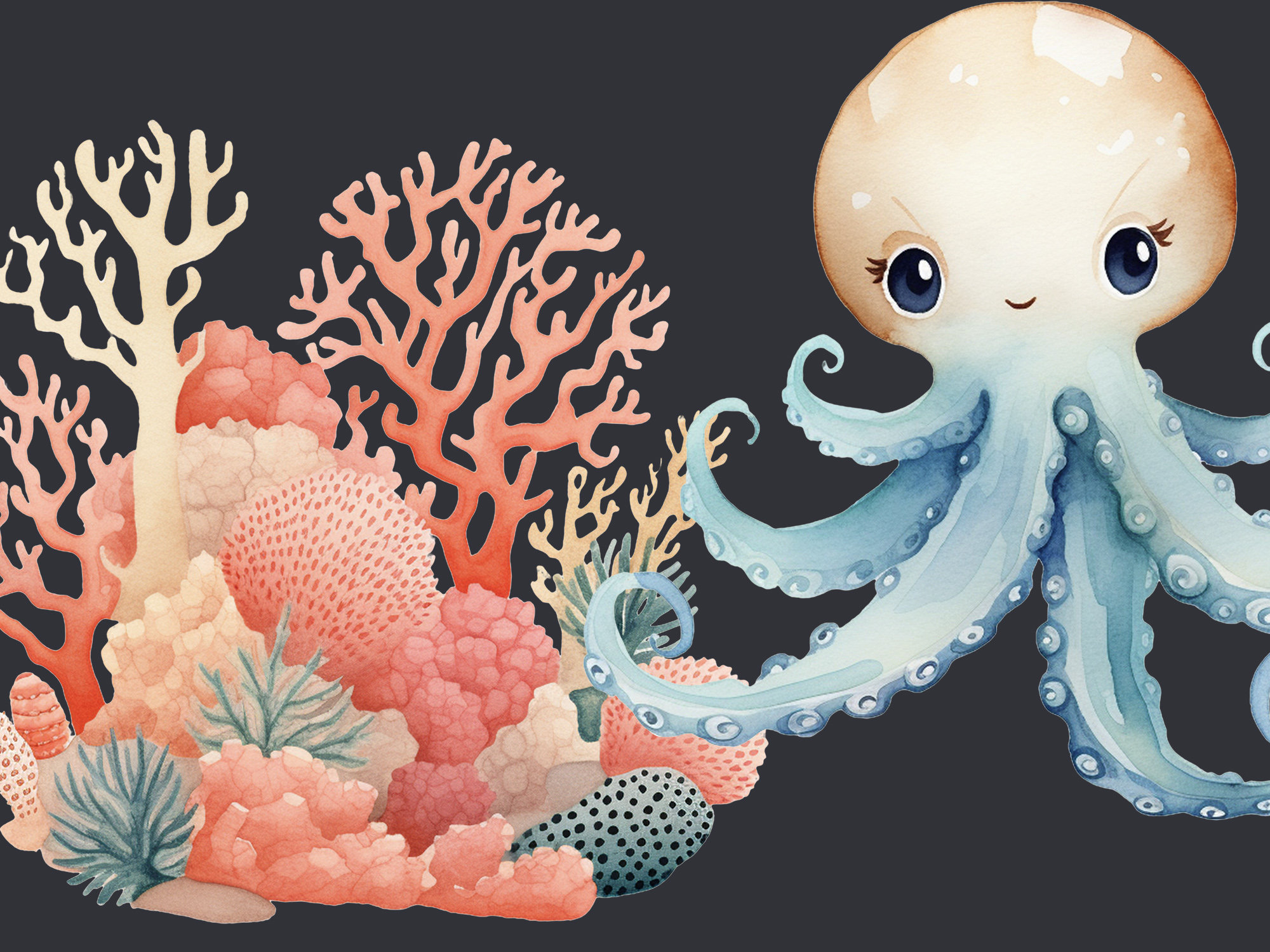 Cute Undersea Watercolor Clipart PNG Bundle. Children Nursery Art. AI ...