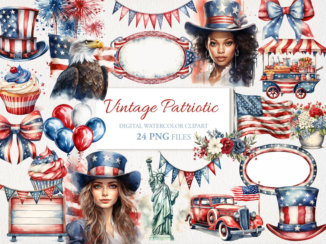 Vintage Patriotic Fourth of July Watercolor Clipart PNG Bundle. AI ...