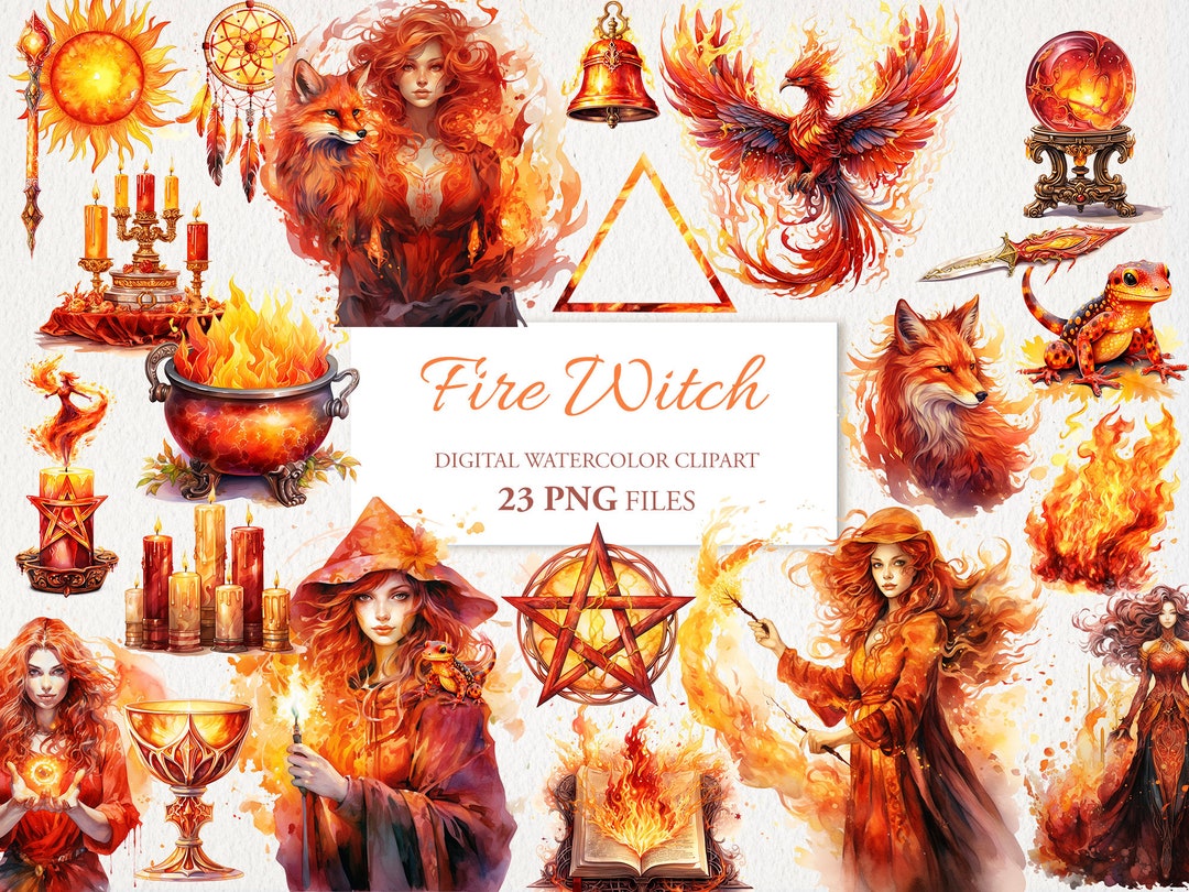 Fire Element Witch Witchcraft Watercolor Clipart PNG Bundle. AI ...