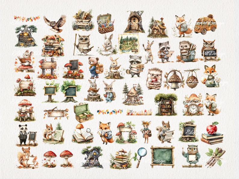 Woodland Forest School Watercolor Clipart. Cute Animals. Fox, Bear ...