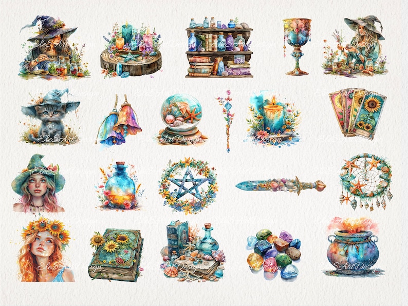 Summer Witch Witchcraft Watercolor Clipart PNG Bundle. AI Illustration ...
