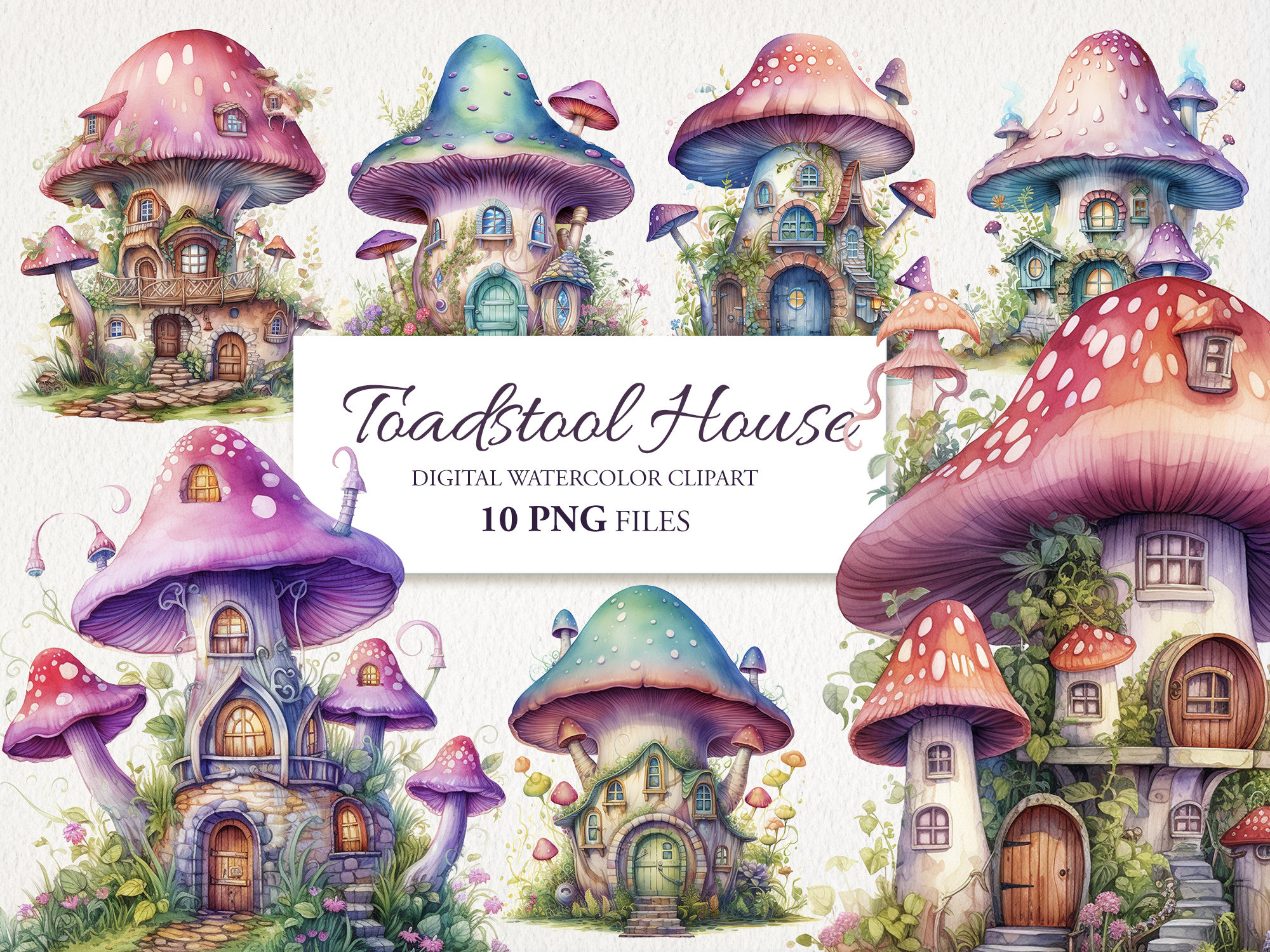 Toadstool Fairy Houses Watercolor Clipart PNG Bundle. Mushroom House ...
