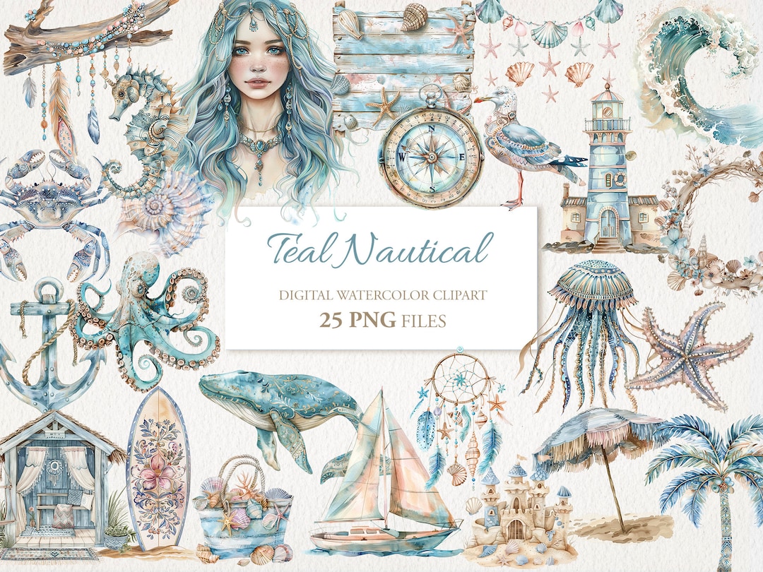 Teal Nautical Watercolor Clipart PNG Bundle. Ocean Sea Captain. AI ...