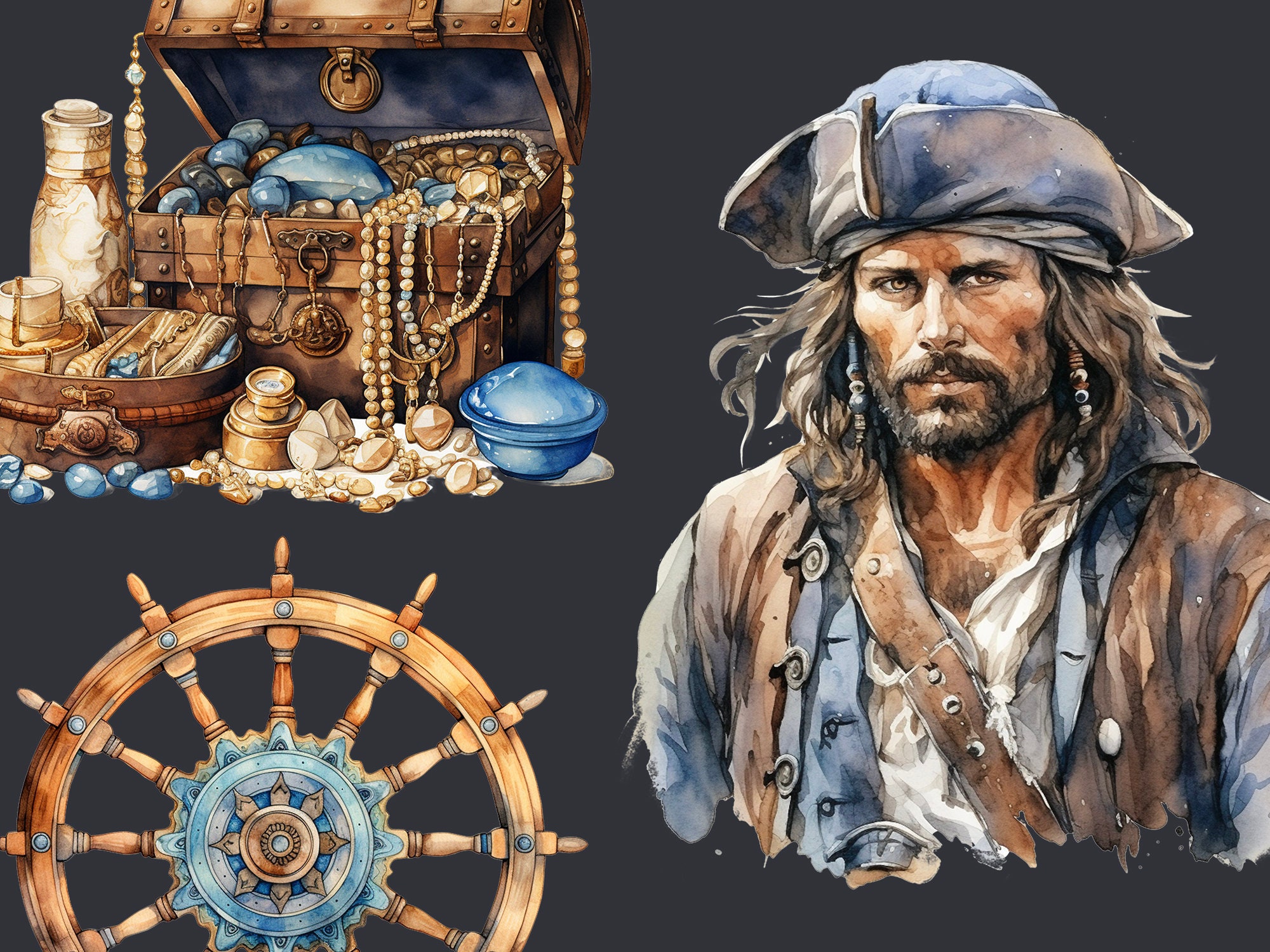 Pirate Nautical Watercolor Clipart PNG Bundle. AI Illustration. Digital ...