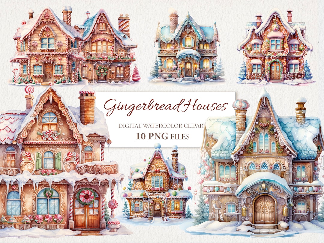 Christmas Winter Gingerbread Houses Watercolor Clipart PNG Bundle. AI ...
