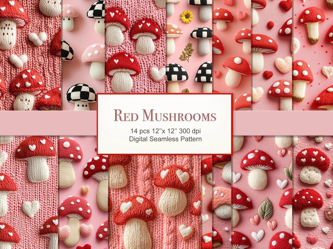 Red Mushrooms Fungi Knitted Felted Pink Seamless Pattern. Digital ...