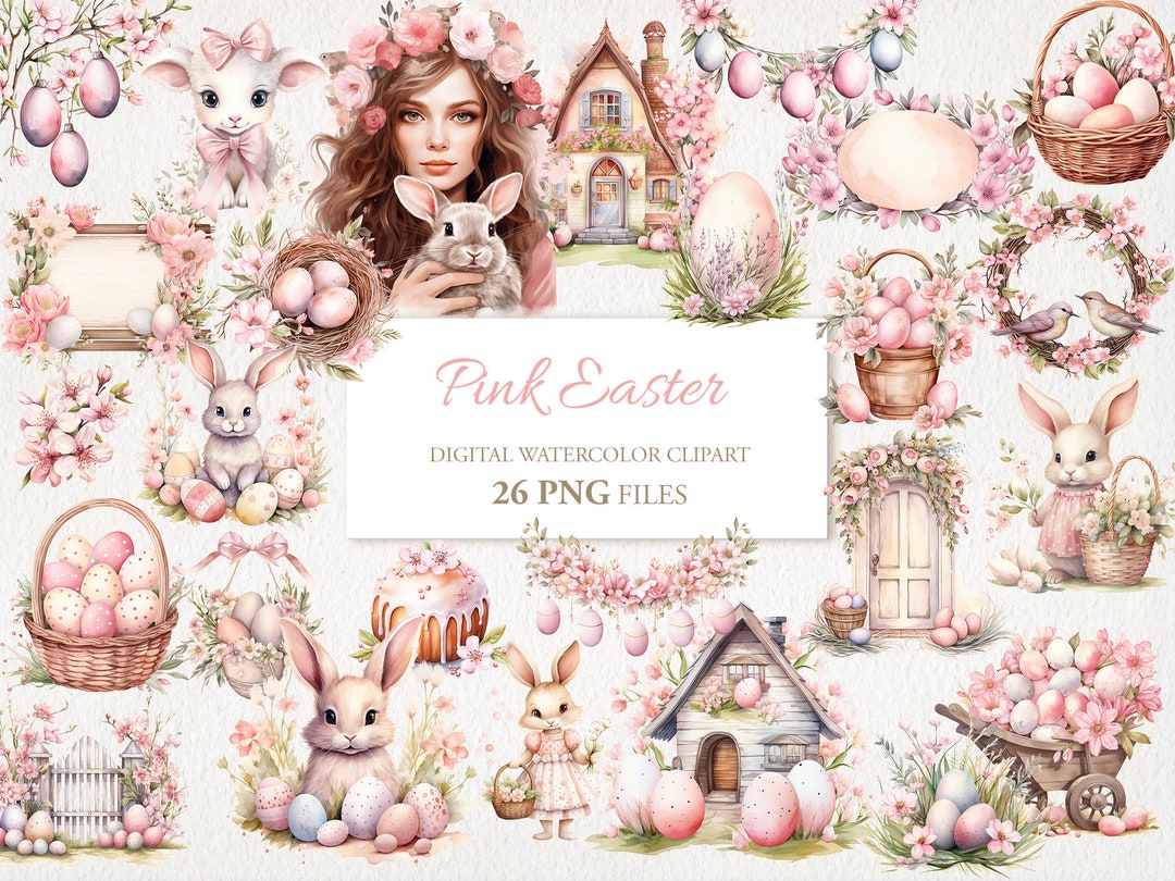 Pink Easter Watercolor Clipart PNG Bundle. Rabbit, Eggs. AI ...