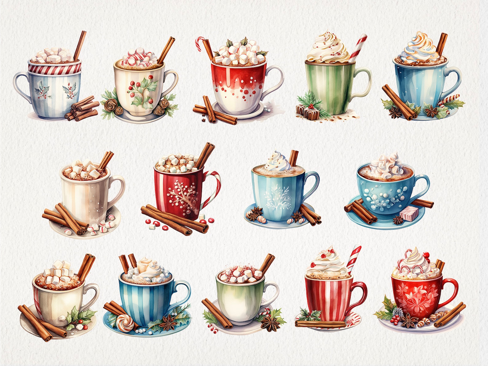 Hot Chocolate Christmas Winter Watercolor Clipart PNG Bundle. AI ...