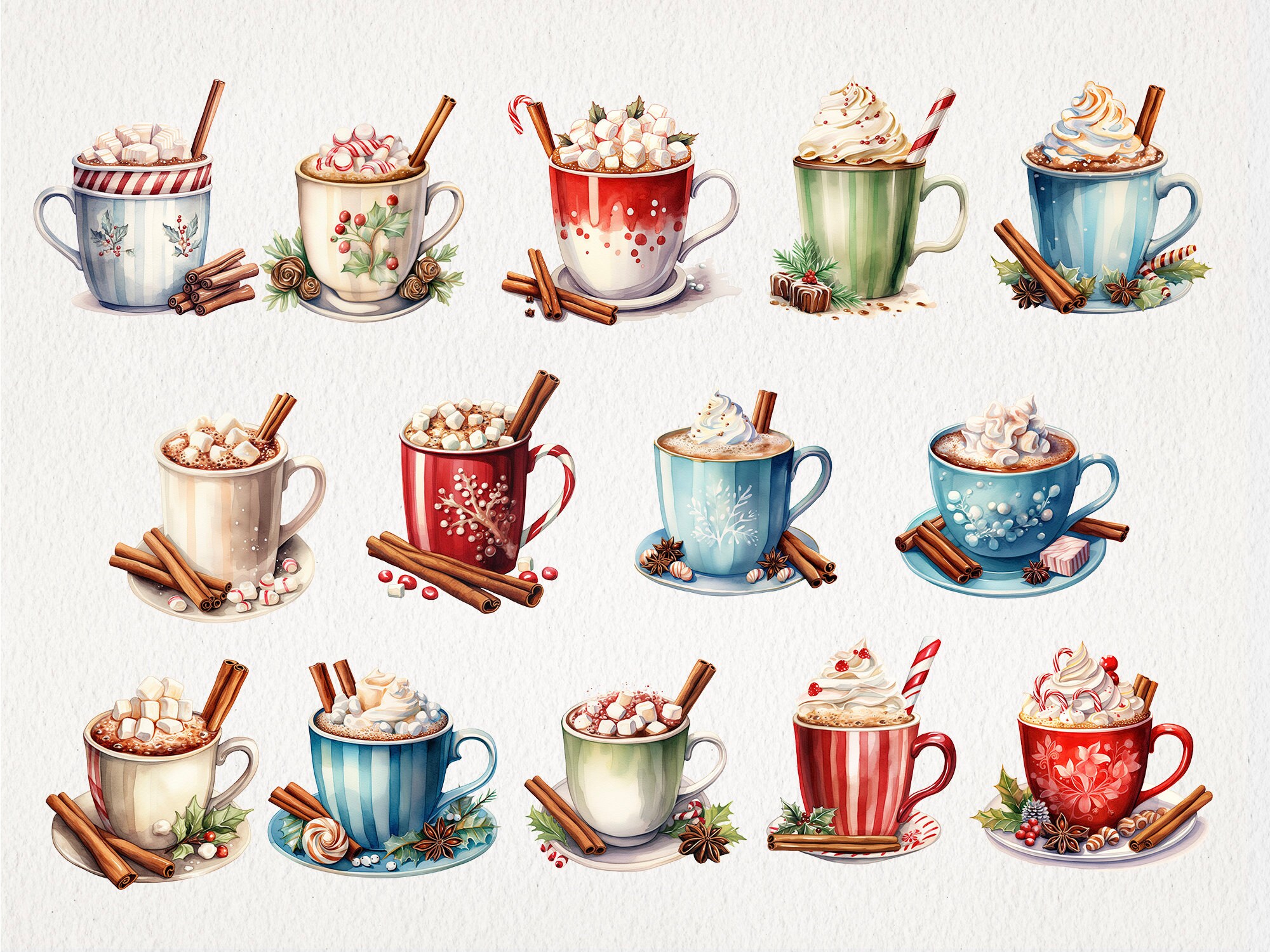 Hot Chocolate Christmas Winter Watercolor Clipart PNG Bundle. AI ...