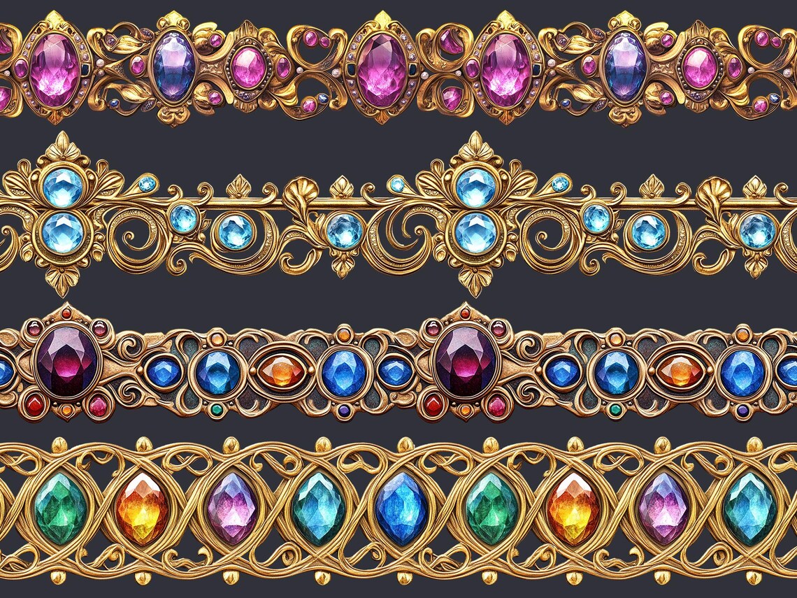 Medieval Gem Seamless Border Watercolor Clipart Bundle. Digital ...