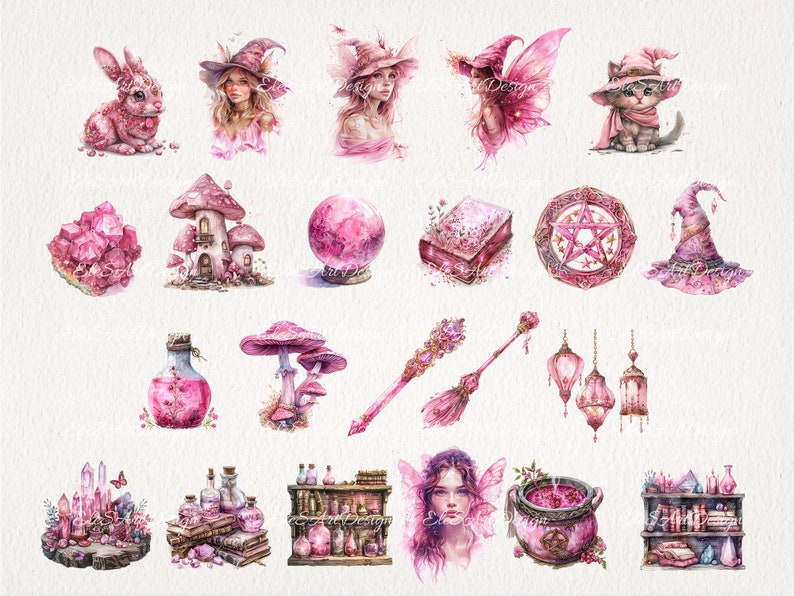 Pink Fairy Witch Magic Witchcraft Watercolor Clipart PNG Bundle. AI ...