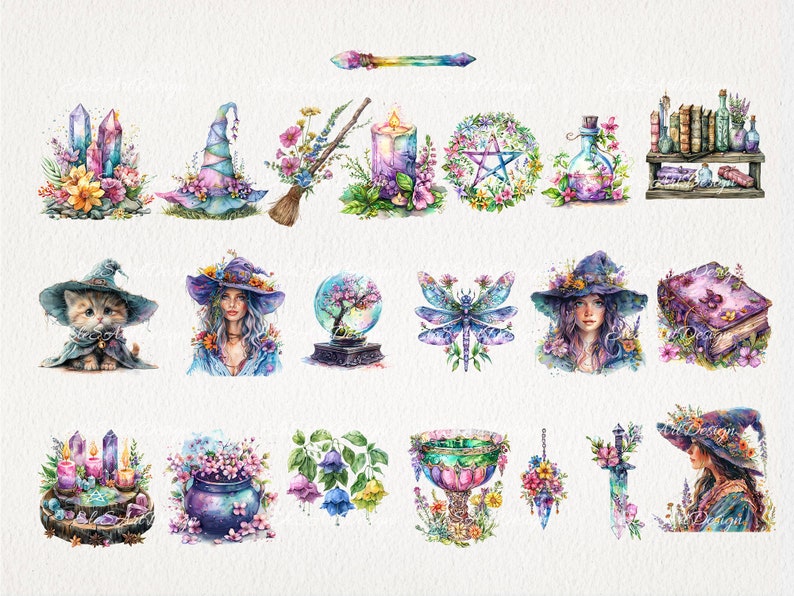 Spring Witch Witchcraft Watercolor Clipart PNG Bundle. AI Illustration ...