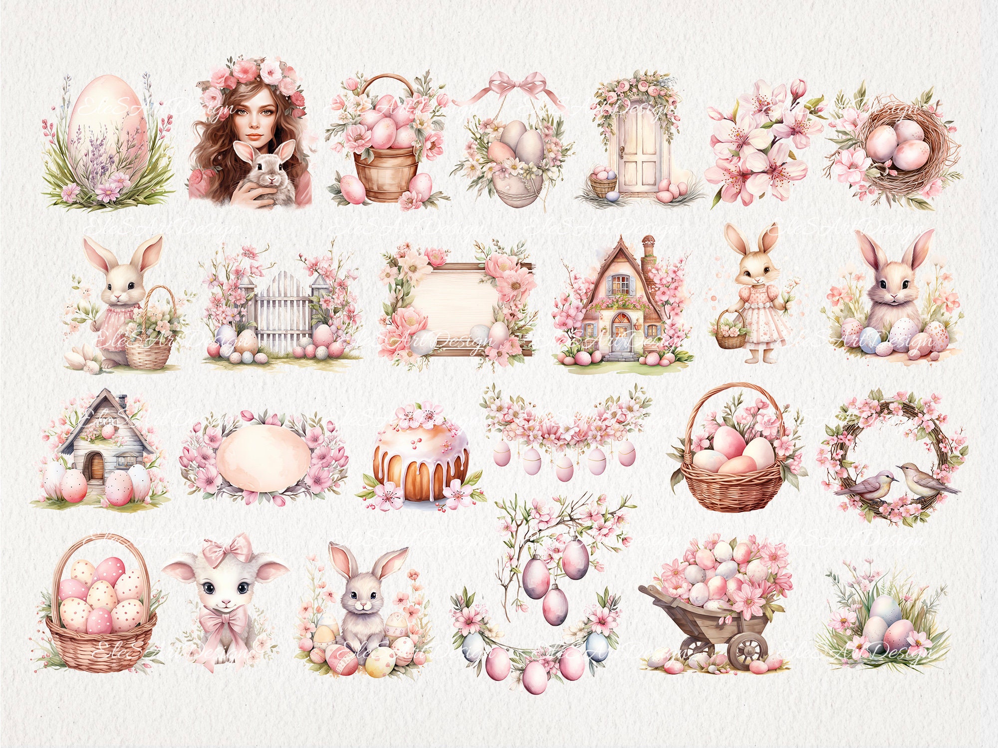 Pink Easter Watercolor Clipart PNG Bundle. Rabbit, Eggs. AI ...