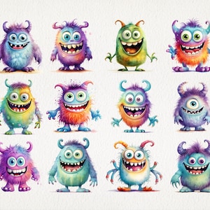 Cute Colorful Baby Monster Watercolor Clipart PNG Bundle. Children ...