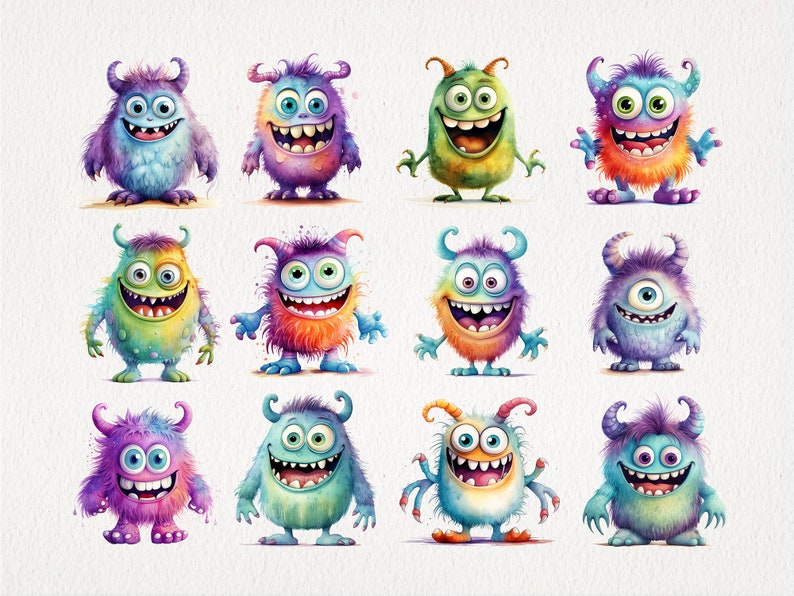 Cute Colorful Baby Monster Watercolor Clipart PNG Bundle. Children ...