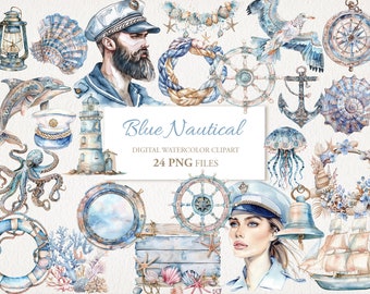 Pink Nautical Watercolor Clipart PNG Bundle. Ocean Sea Captain. AI ...