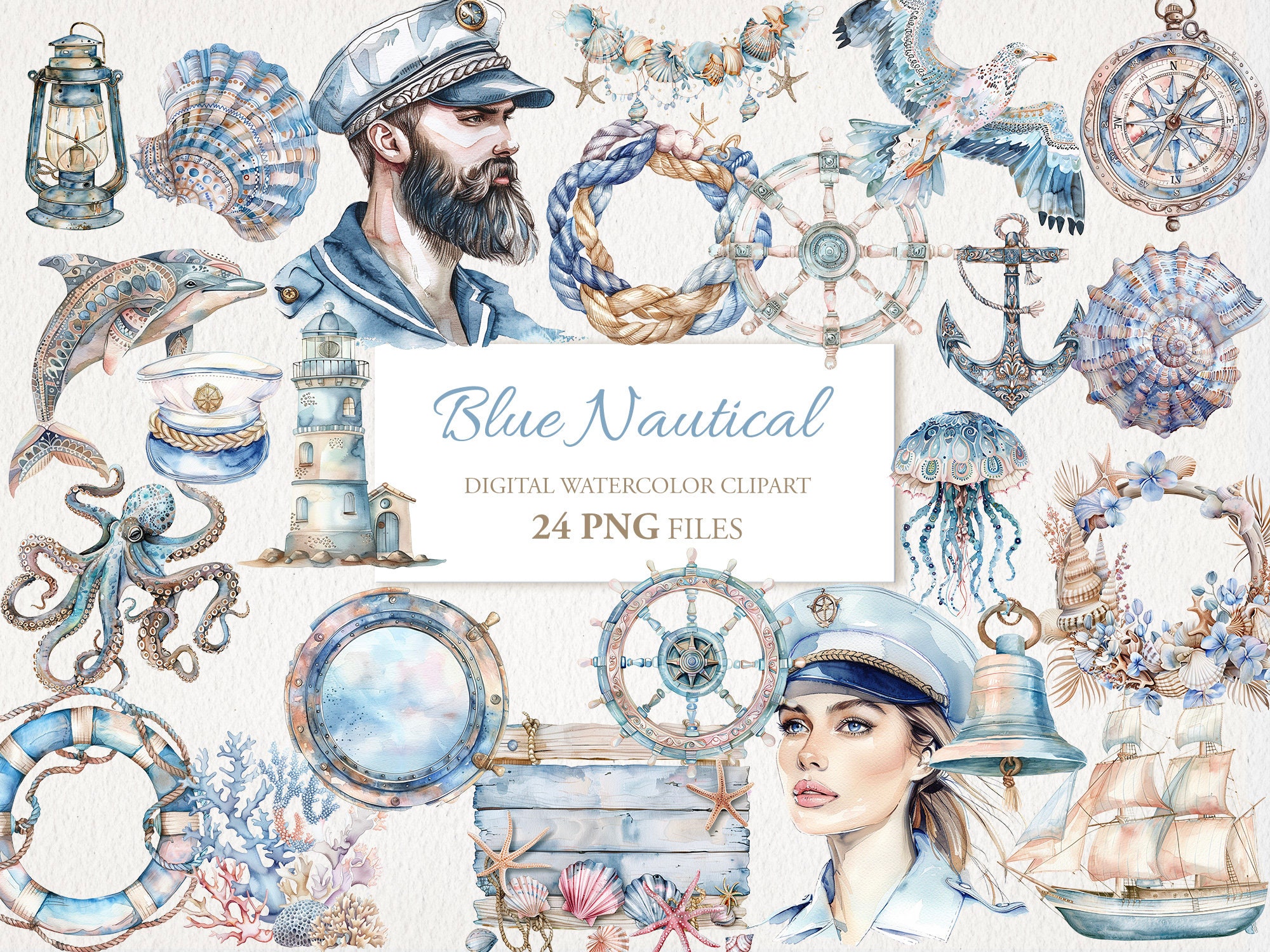 Blue Nautical Watercolor Clipart PNG Bundle. Ocean Sea Captain. AI ...