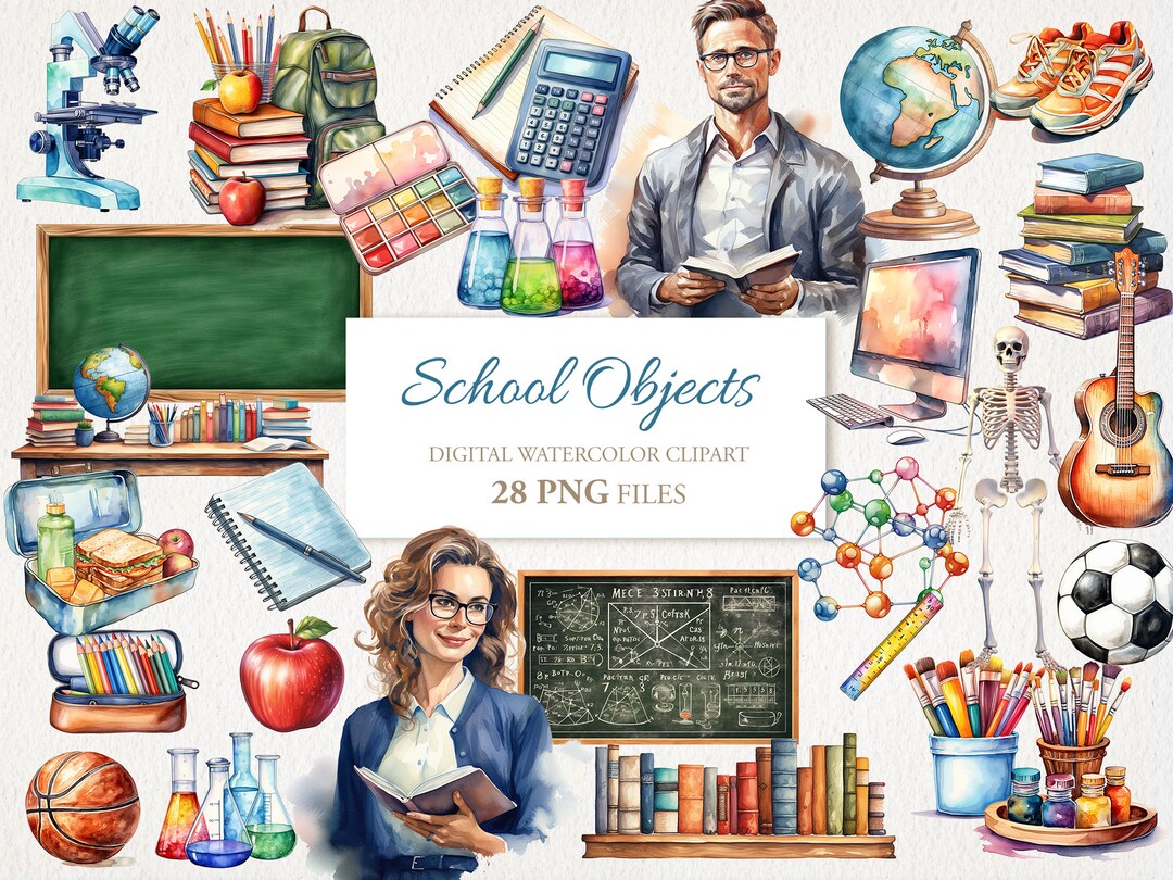 School Objects Watercolor Clipart PNG Bundle. Back to School AI ...