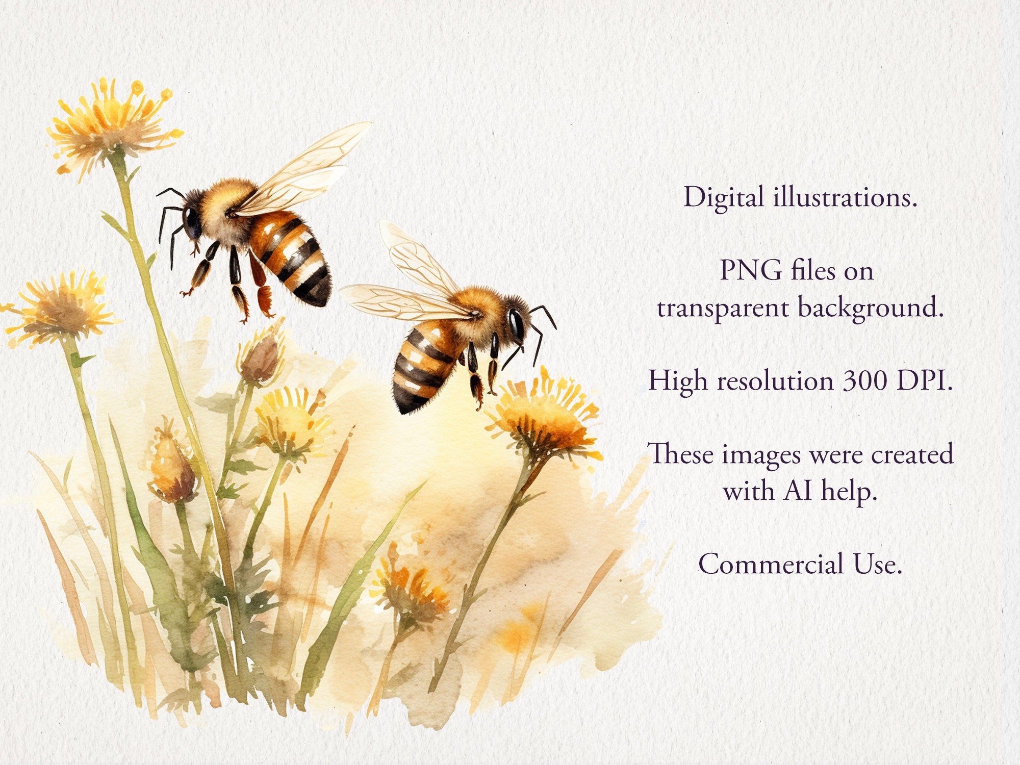 Honey Bee Watercolor Clipart PNG Bundle. AI Illustration. Instant ...