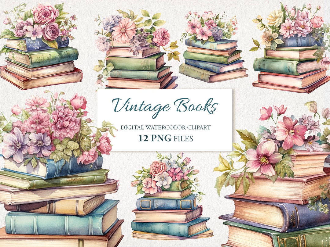 Vintage Book With Flowers Watercolor Clipart PNG Bundle. Floral Retro ...