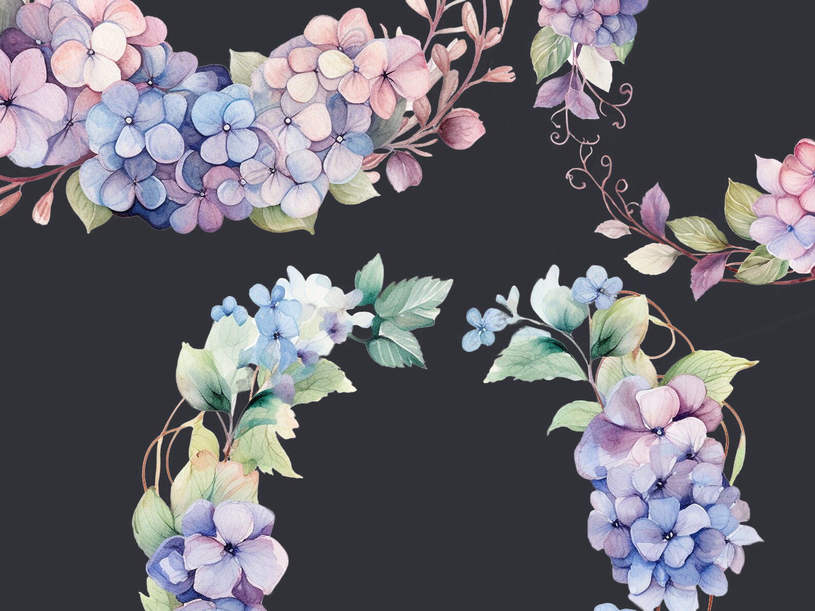 Hydrangea Wreaths Watercolor Clipart PNG Bundle. Vintage Pastel ...
