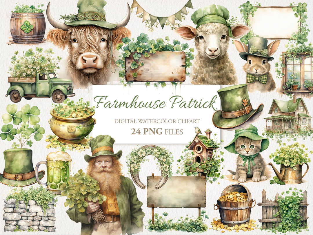 St. Patrick Day Farmhouse Watercolor Clipart PNG Bundle. AI ...