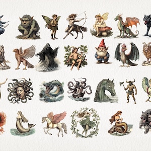 Fantasy Creatures Vintage Magic Clipart Bundle. AI Illustration ...