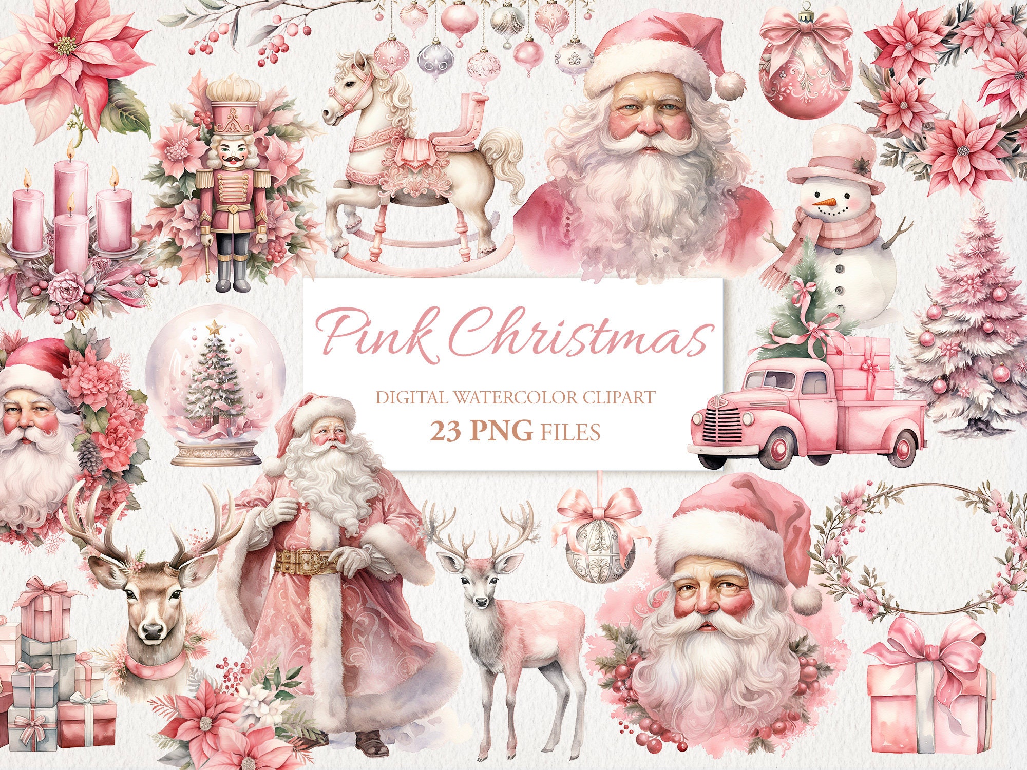 Pink Christmas Winter Watercolor Clipart PNG Bundle AI Illustration ...