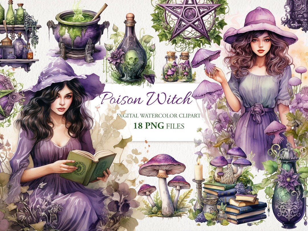 Poison Witch Wicca Witchcraft Mushroom Watercolor Clipart PNG Bundle. AI Illustration. Instant ...