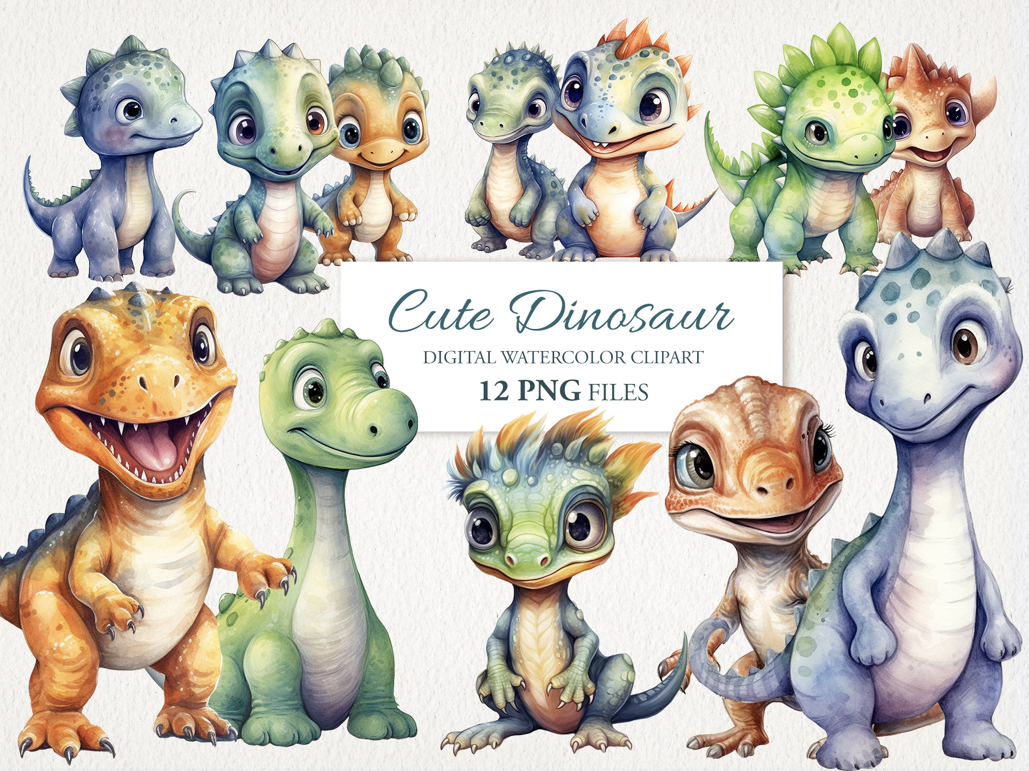 Cute Baby Dino Dinosaur Character Watercolor Clipart PNG Bundle ...