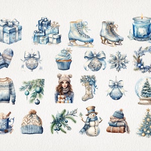 Cozy Blue Christmas Winter Watercolor Clipart PNG Bundle. AI ...