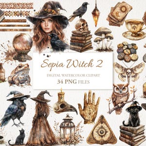 Sepia Witch Witchcraft Watercolor Wiccan Clipart PNG Bundle. AI Illustration. Instant Download ...