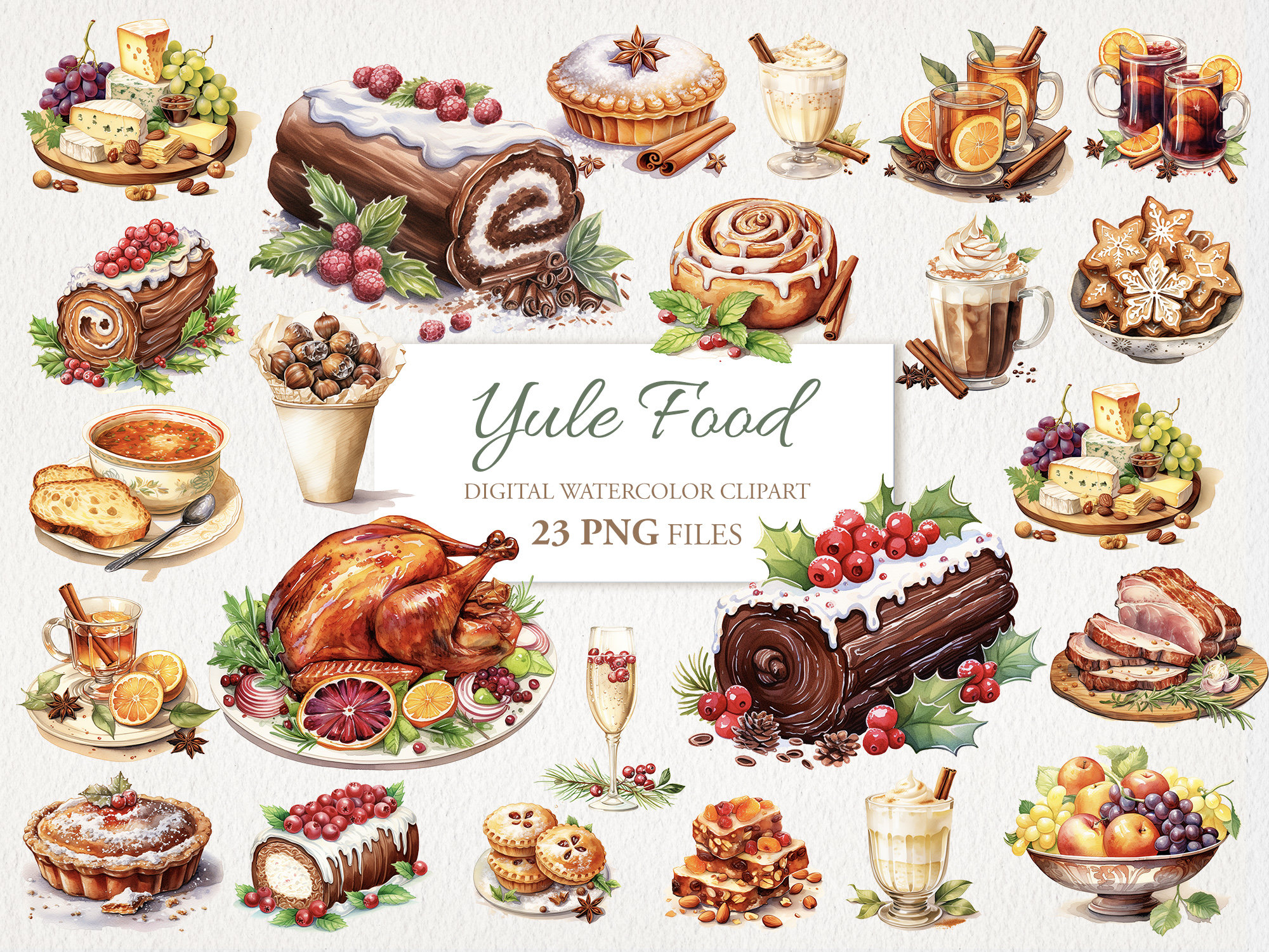 Yule Food Watercolor Clipart PNG Bundle. AI Illustration. Yule Log ...
