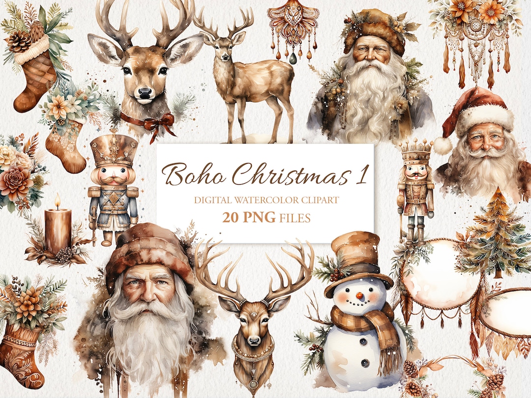 Boho Brown Christmas Winter Watercolor Clipart PNG Bundle. AI ...