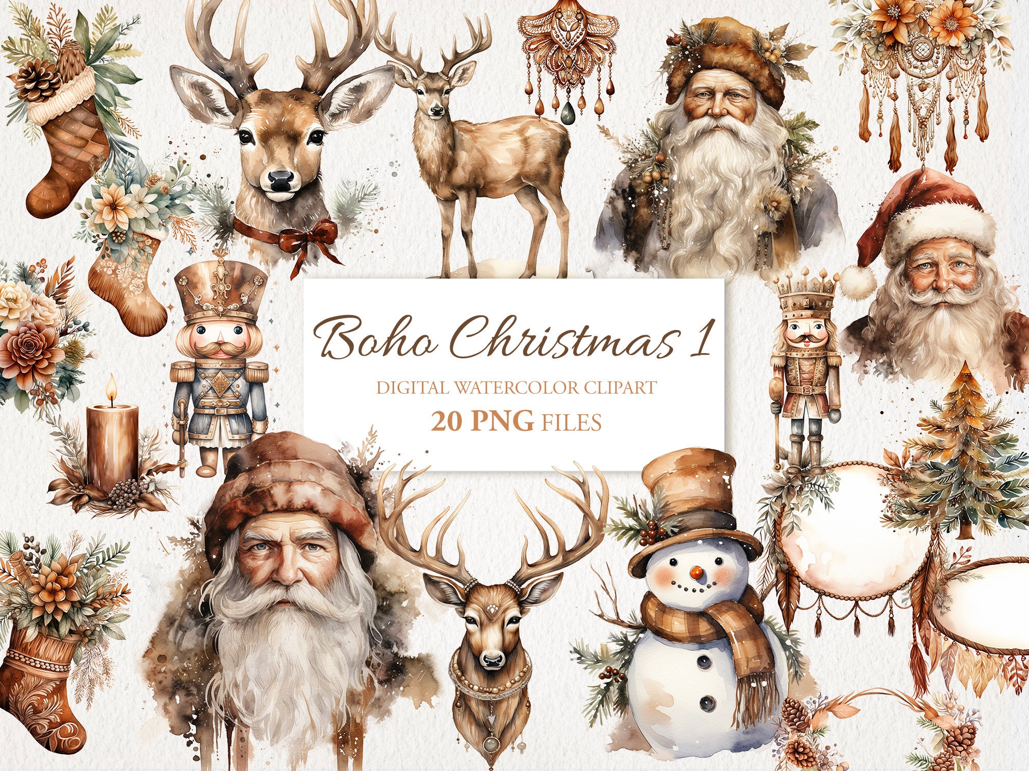 Boho Brown Christmas Winter Watercolor Clipart PNG Bundle. AI ...