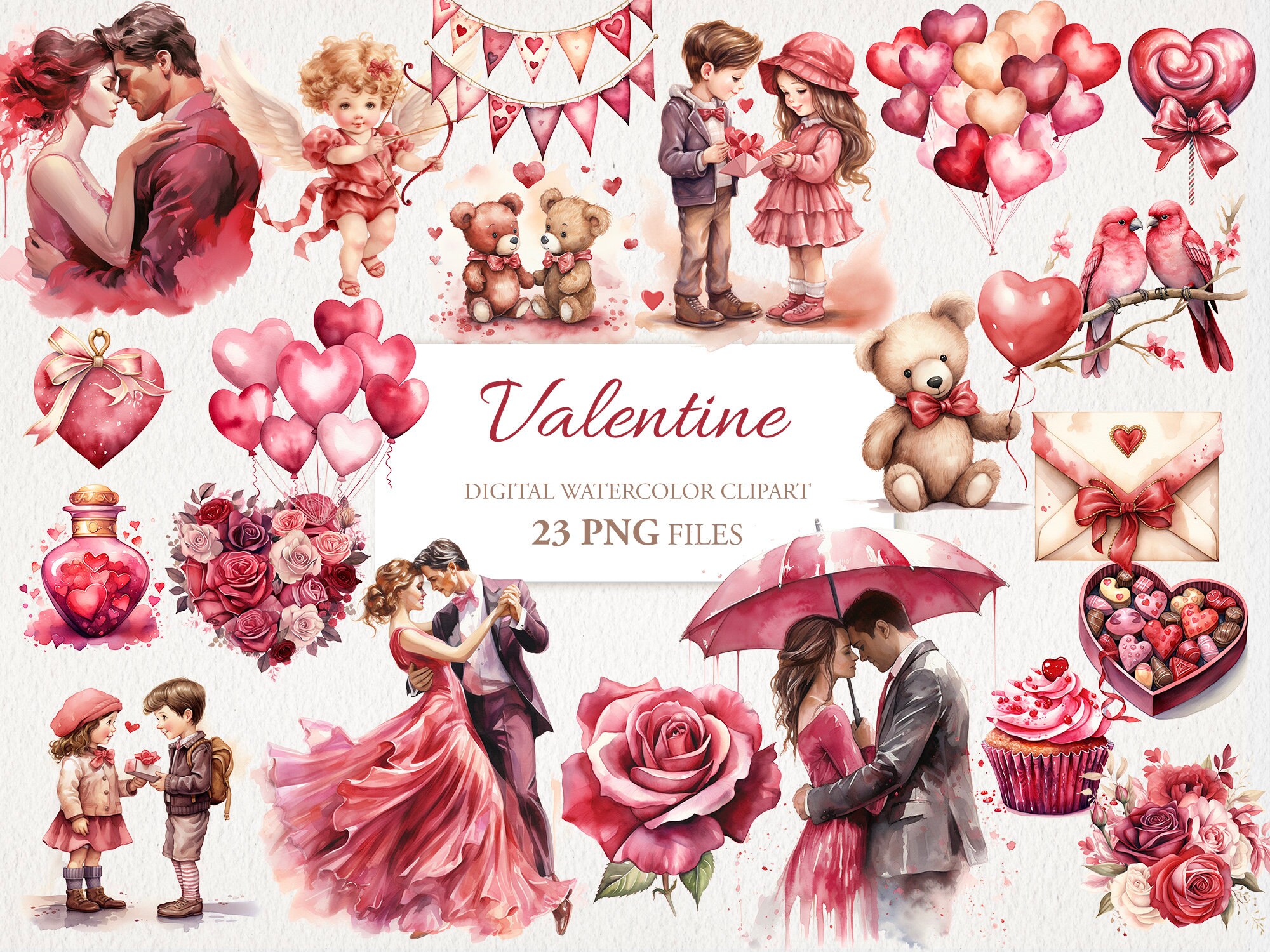 Classic Valentine Watercolor Clipart PNG Bundle. Love Couple. AI ...