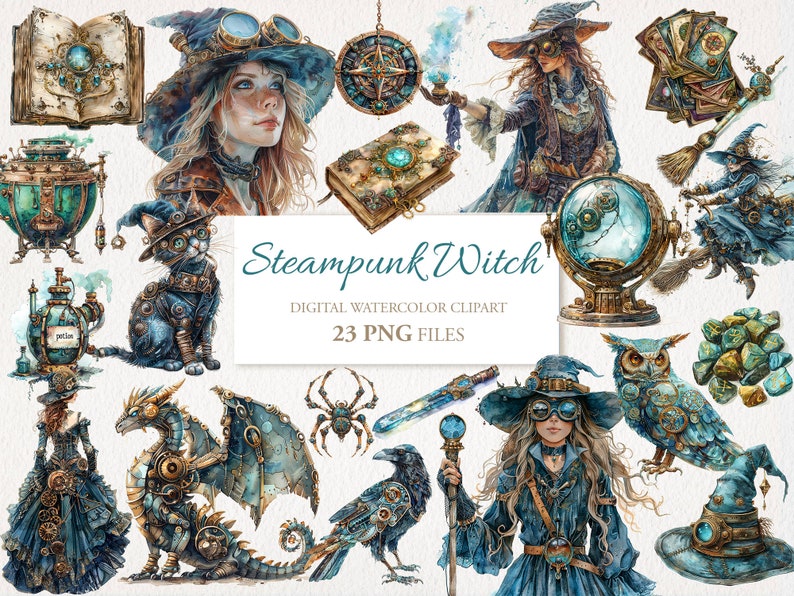 Steampunk Witch Witchcraft Watercolor Clipart PNG Bundle. AI Illustration. Instant Download ...