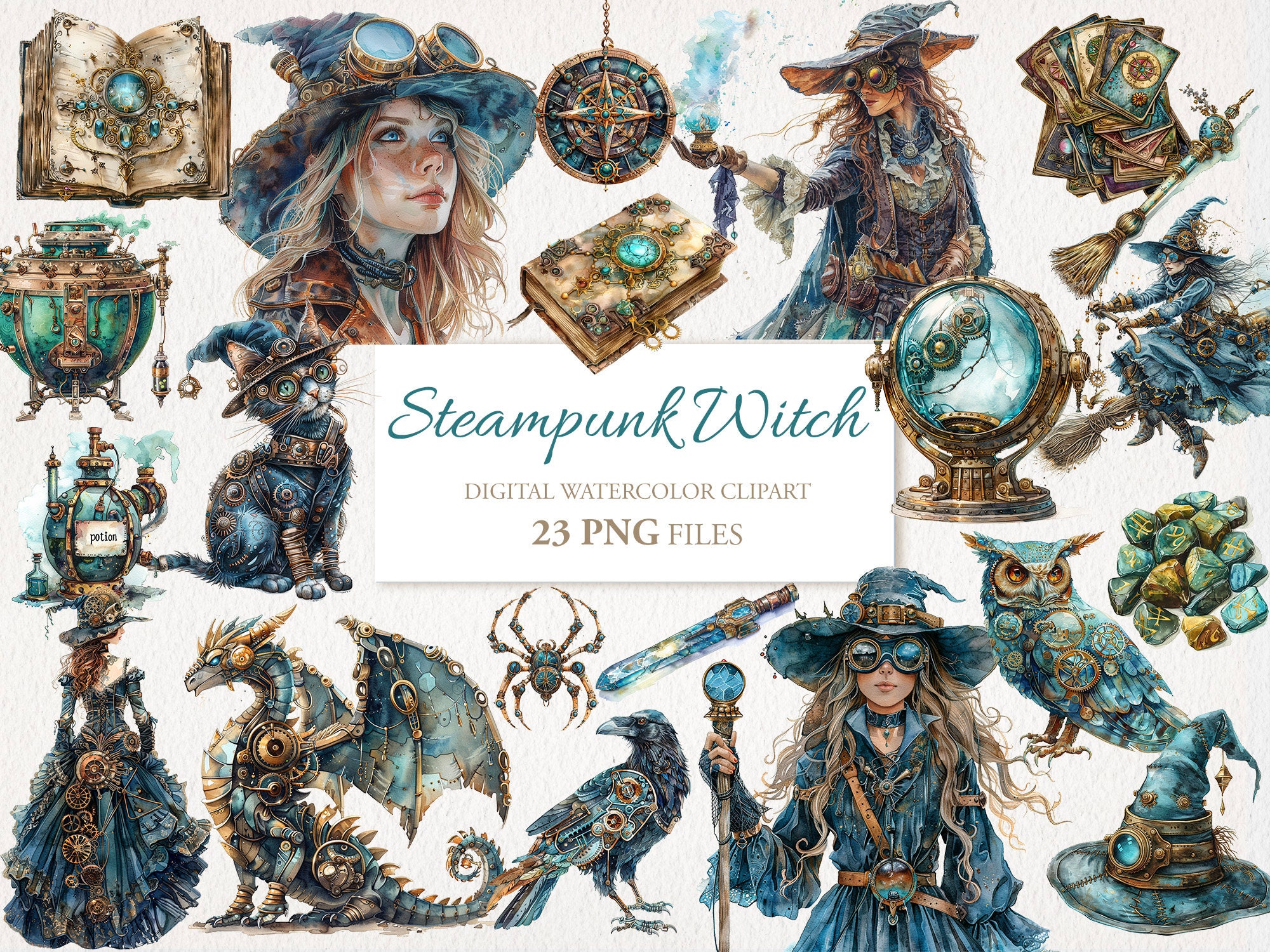 Steampunk Witch Witchcraft Watercolor Clipart PNG Bundle. AI Illustration. Instant Download ...