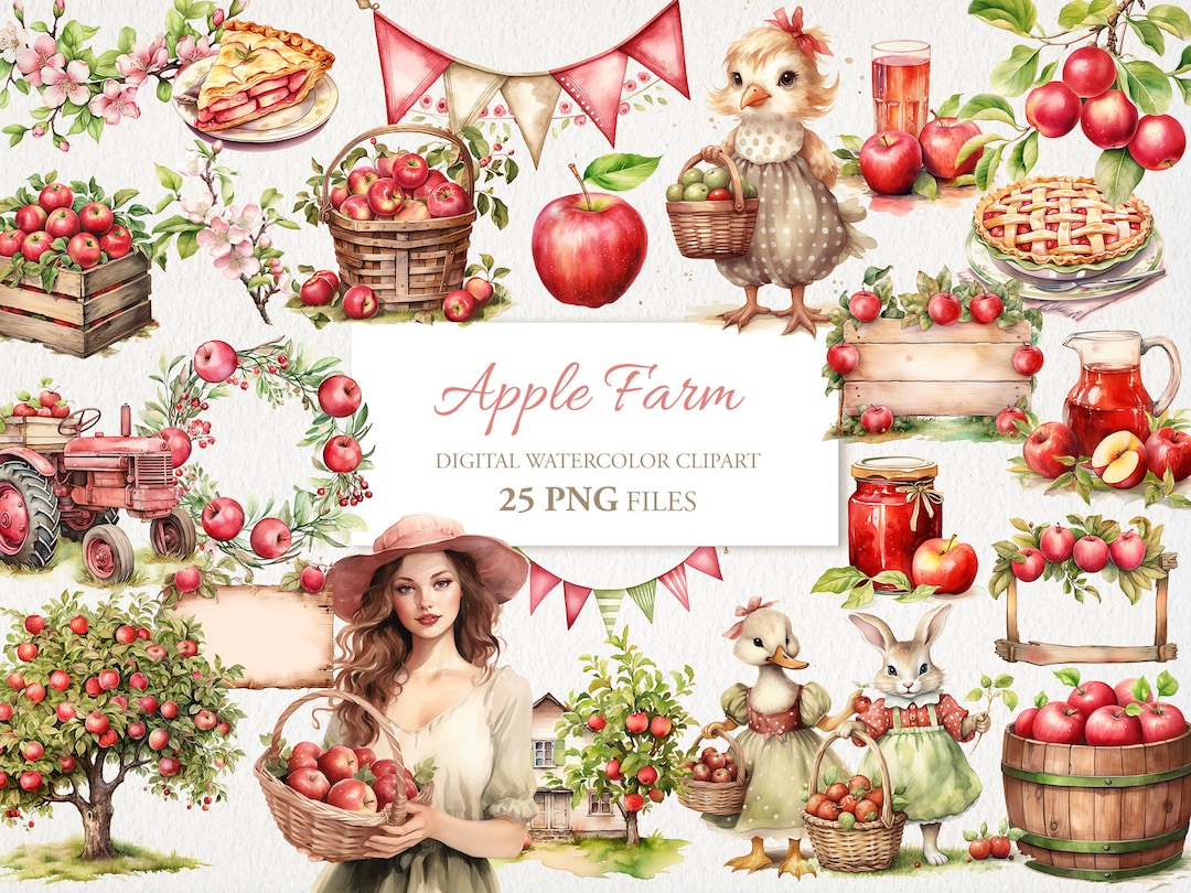 Apple Farm Summer Watercolor Clipart PNG Bundle. AI Illustration ...