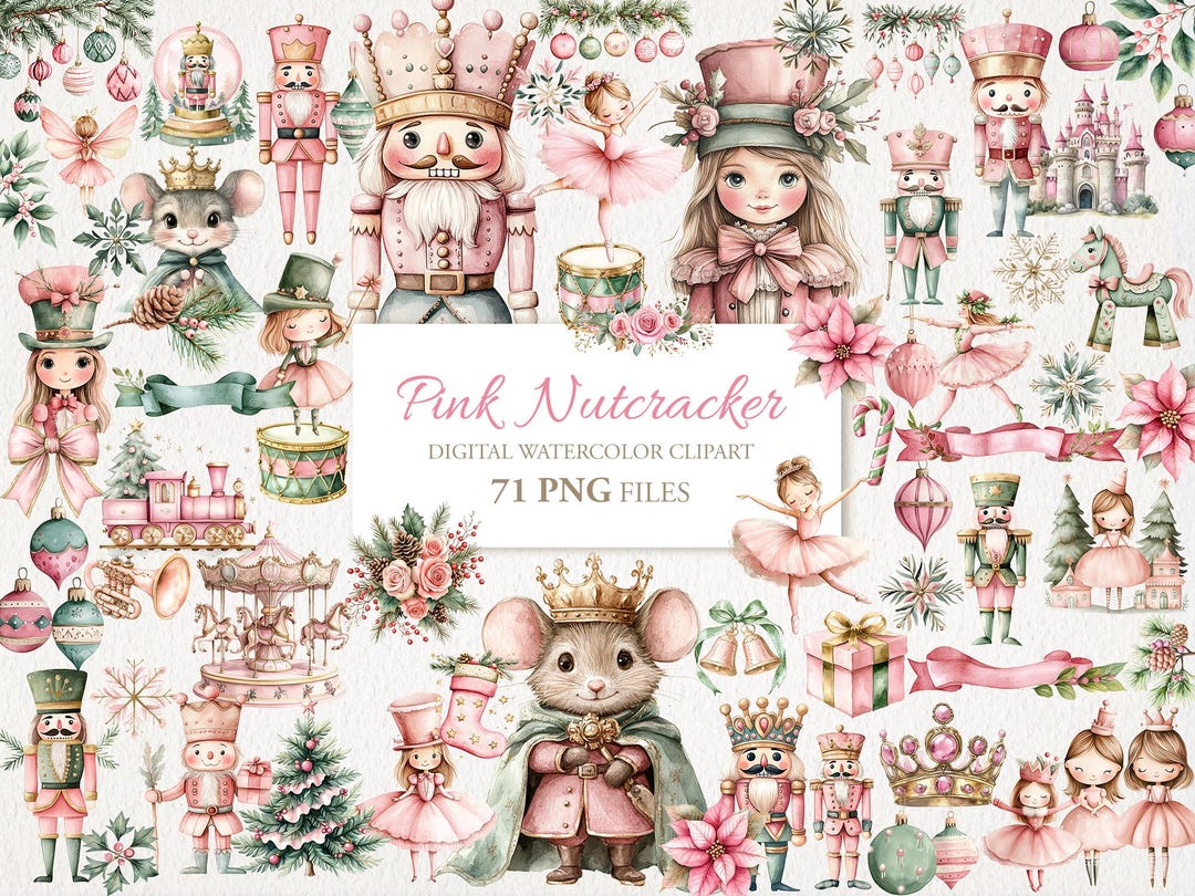 Pink Nutcracker Ballerina Christmas Winter Watercolor Clipart Bundle ...