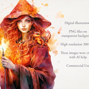 Fire Element Witch Witchcraft Watercolor Clipart PNG Bundle. AI ...