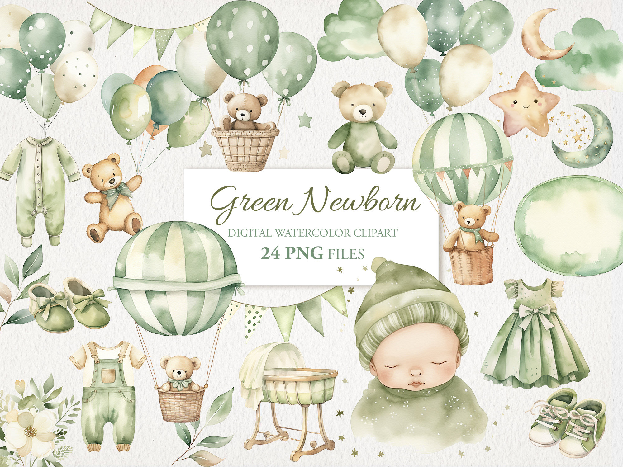 Green Newborn Birthday Watercolor Clipart PNG Bundle. Baby Children ...