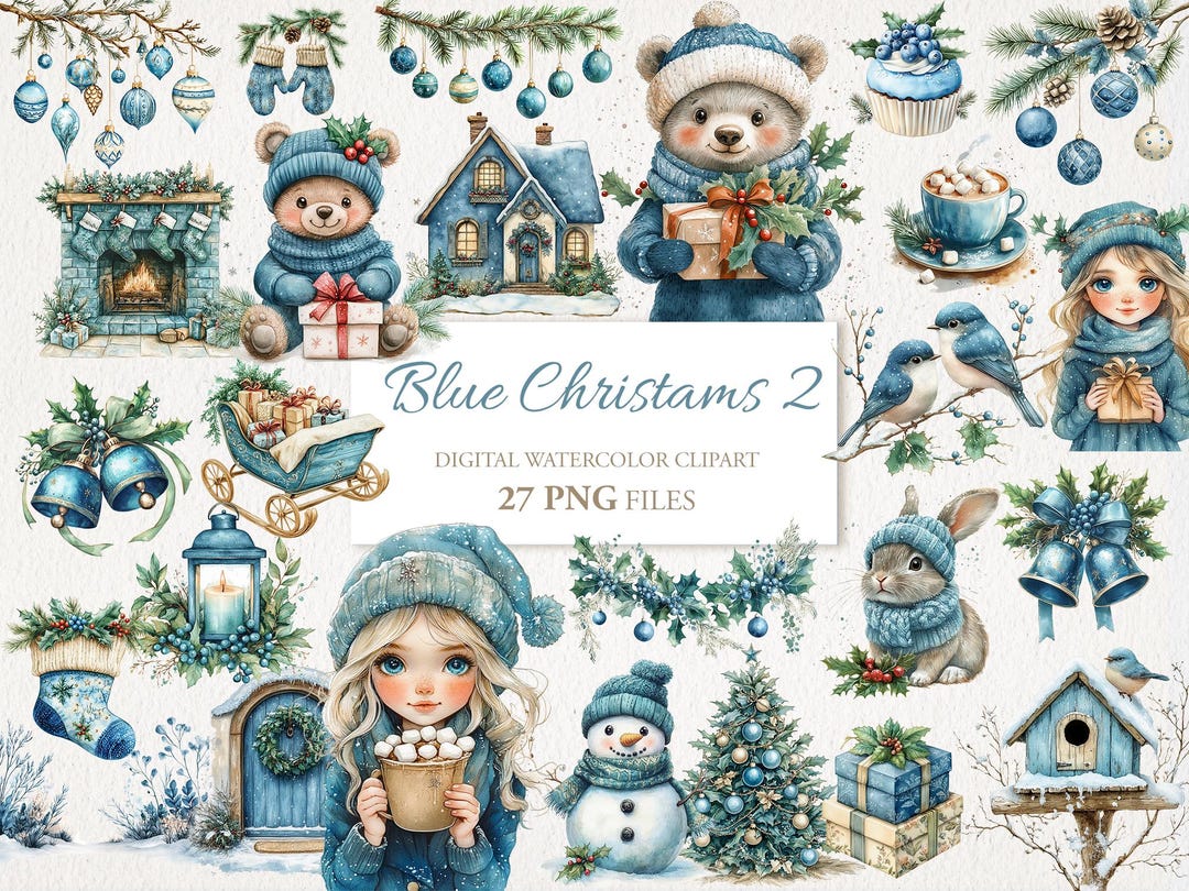 Blue Christmas Magic Winter Cozy Watercolor Clipart Bundle. AI ...
