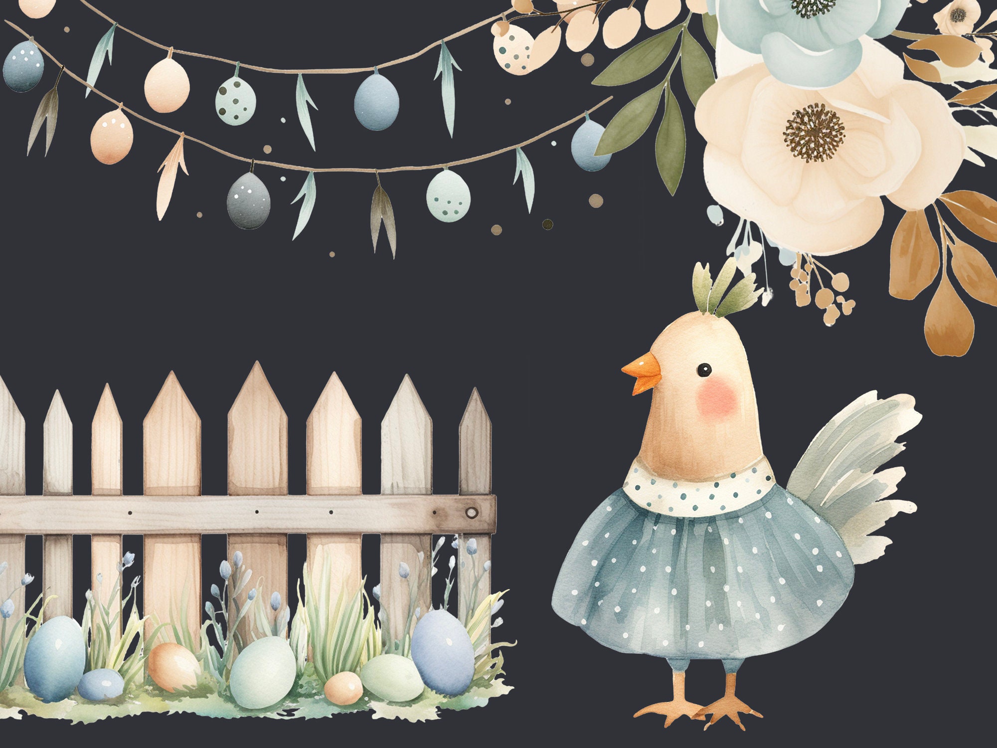 Nursery Blue Country Easter Watercolor Clipart PNG Bundle. AI ...